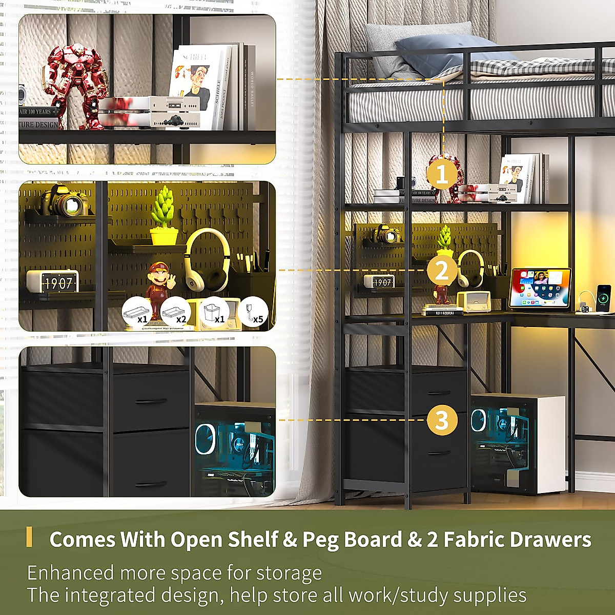 Yoobure Loft Bed Twin Size with Desk, Metal Twin Loft Bed Frame with Charging Station & Safety Guard, LED Loft Beds with 2 Storage Drawers for Kid Junior Adult, Heavy Duty, Space-Saving, Noise Free