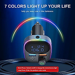 Bluetooth 5.3 FM Transmitter for Car Radio [2023 New], SOARUN Bluetooth Car Adapter [PD 20W+QC 3.0] [Large LCD Screen], Supports Handsfree Call Siri Google Assistant U Disk, 7 Color LED Backlit