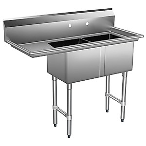 HARDURA Stainless Steel 2 Compartment Sink Left Drainboard & Freestanding NSF Certified Commercial Utility Basin With Two 15" L X 15" W X 12" D Bowl For Kitchen & Restaurant Laundry Room, Garage