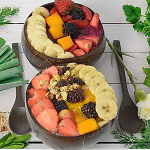 Coco TropEco Coconut Bowl Set of 4 - Handmade Bowls From Natural Coconut Shells + Wooden Spoons + Wood Forks and Bamboo Straws – Buddha Bowls Ideal for Acai Smoothie, Salad or Cereal – Polished –