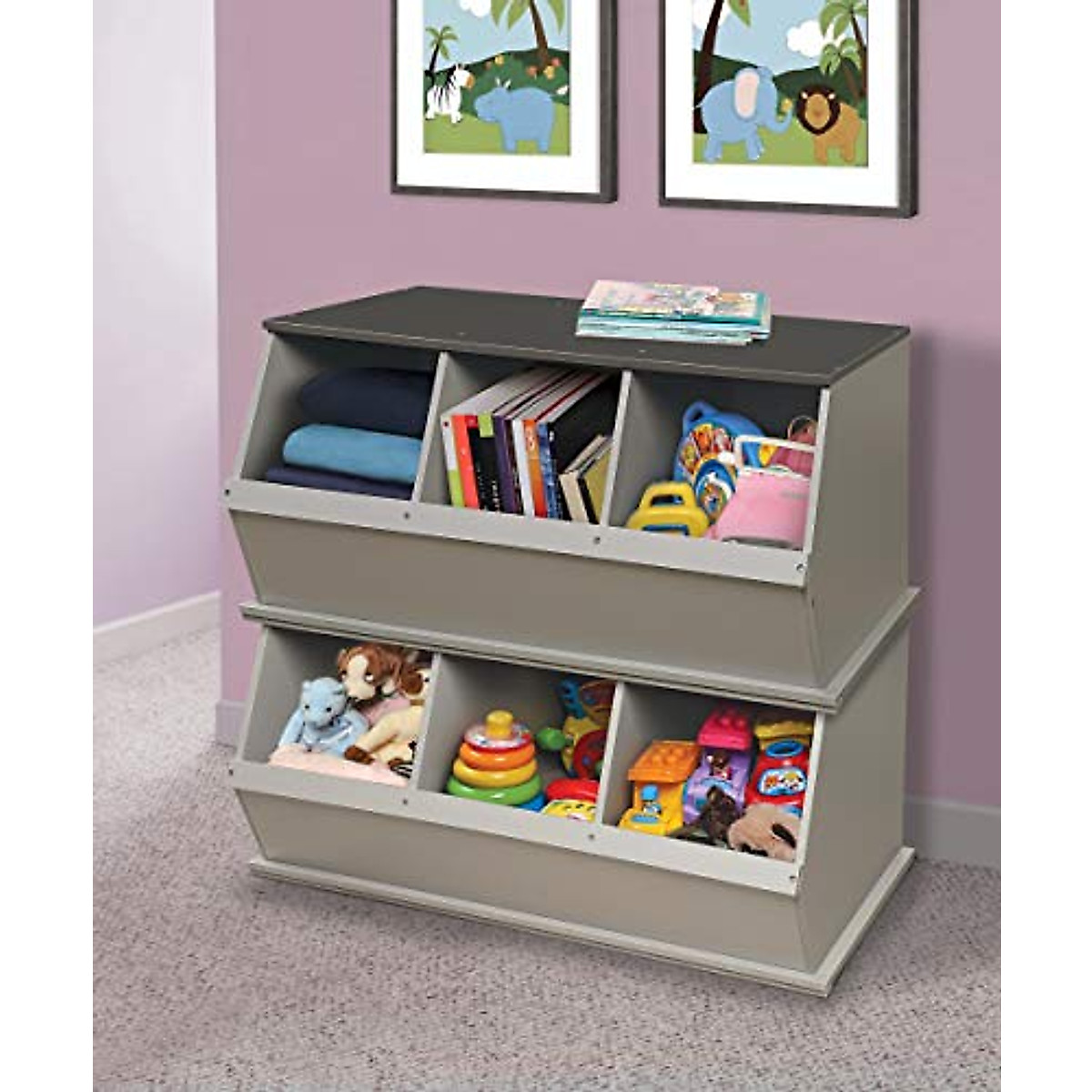 Badger Basket Three Bin Stackable Toy Storage Cubby Organizer - Woodgrain/Gray