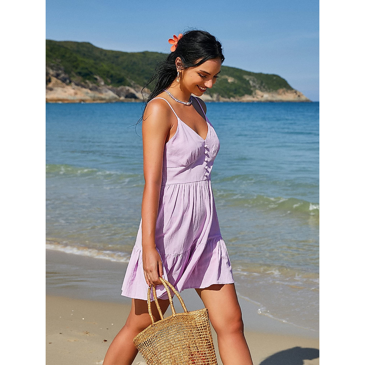 ZAFUL Women's Casual V Neck Summer Mini Dress Spaghetti Strap A-Line Short Dresses Backless Solid Color Sundress (A-f Purple,L)