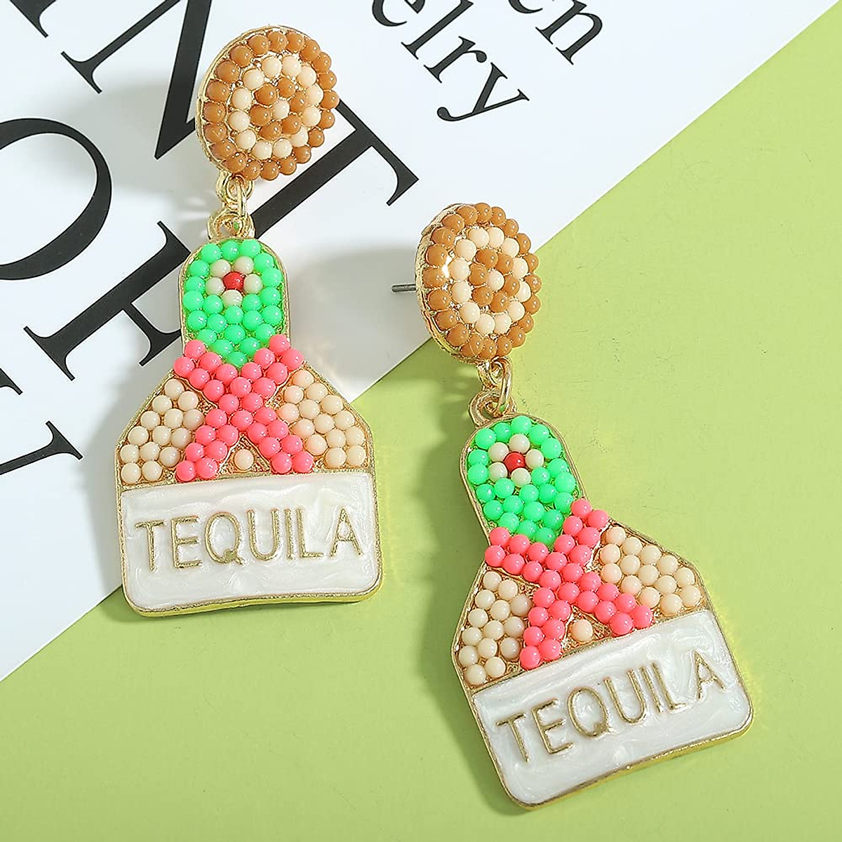 Fashion Cute Animal fruits Sparkling Crystal Earrings for Women Summer Beaded Statement Jewelry - Perfect for Beach Holidays and Parties(Tequila bottle - White)