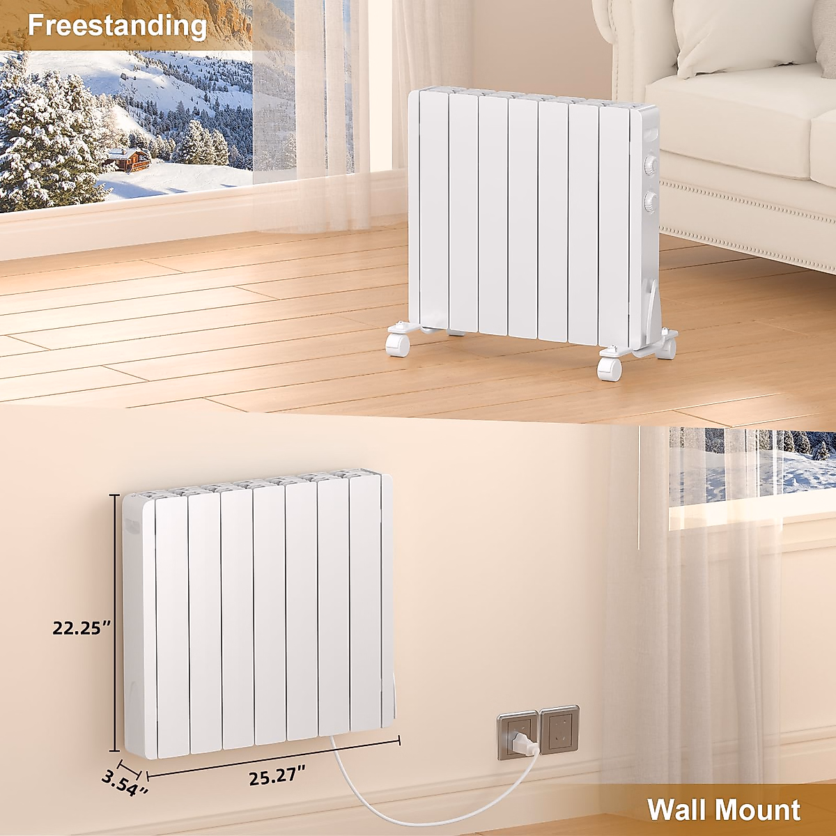 1500W Plug-in Electric Panel Wall Heater for Indoor Use with Thermostat, Convection Space Heater Freestanding with Wheels Easy Control Knob Switch