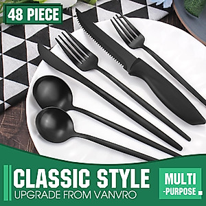 VANVRO 48 Pieces Matte Black Silverware Set with Steak Knives, Satin Finish tableware Cutlery Set, Home and Restaurant, Service for 8, Dishwasher Safe