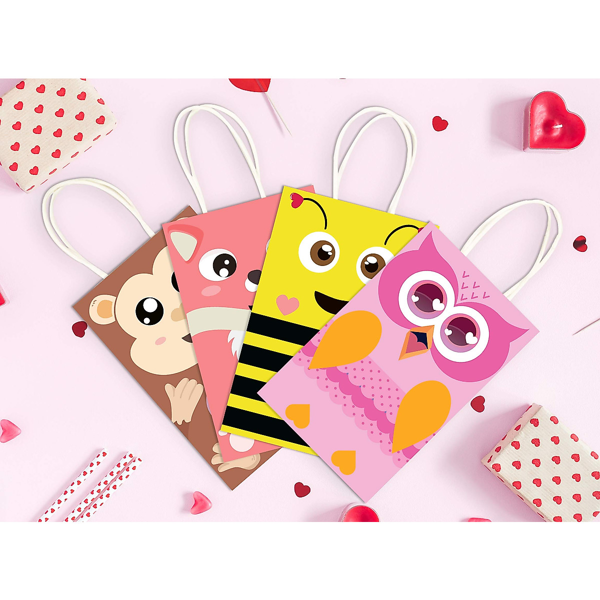 Funnlot Valentine Day Gift Bags For Kids 12PCS Cute Valentine Candy Bags Valentine Treat Bags Animals Valentine Paper Bags With Handles For Chocolate Snacks Valentine Party Favor Bags