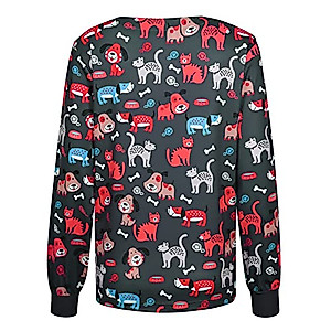 Women's Printed Scrubs Jacket Snap Front Cute Animals Pattern Long Sleeve Scrub Tops Working Uniforms