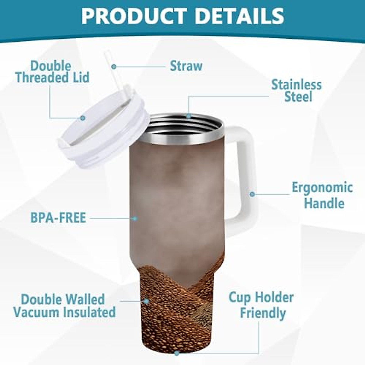 RPLIFE Coffee Brown 40 Oz Tumbler with Handle, Stainless Steel Cups with Lid, Tea Tumbler