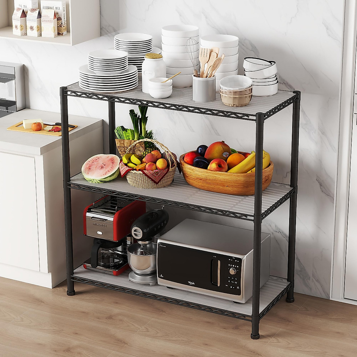 EZPEAKS 2-Pack 3-Shelf Shelving Unit with 3-Shelf Liners, 36" W X 16" D X 36" H Adjustable Rack, Steel Wire Shelves, Shelving Units and Storage for Laundry Bathroom Kitchen Pantry Closet, Black