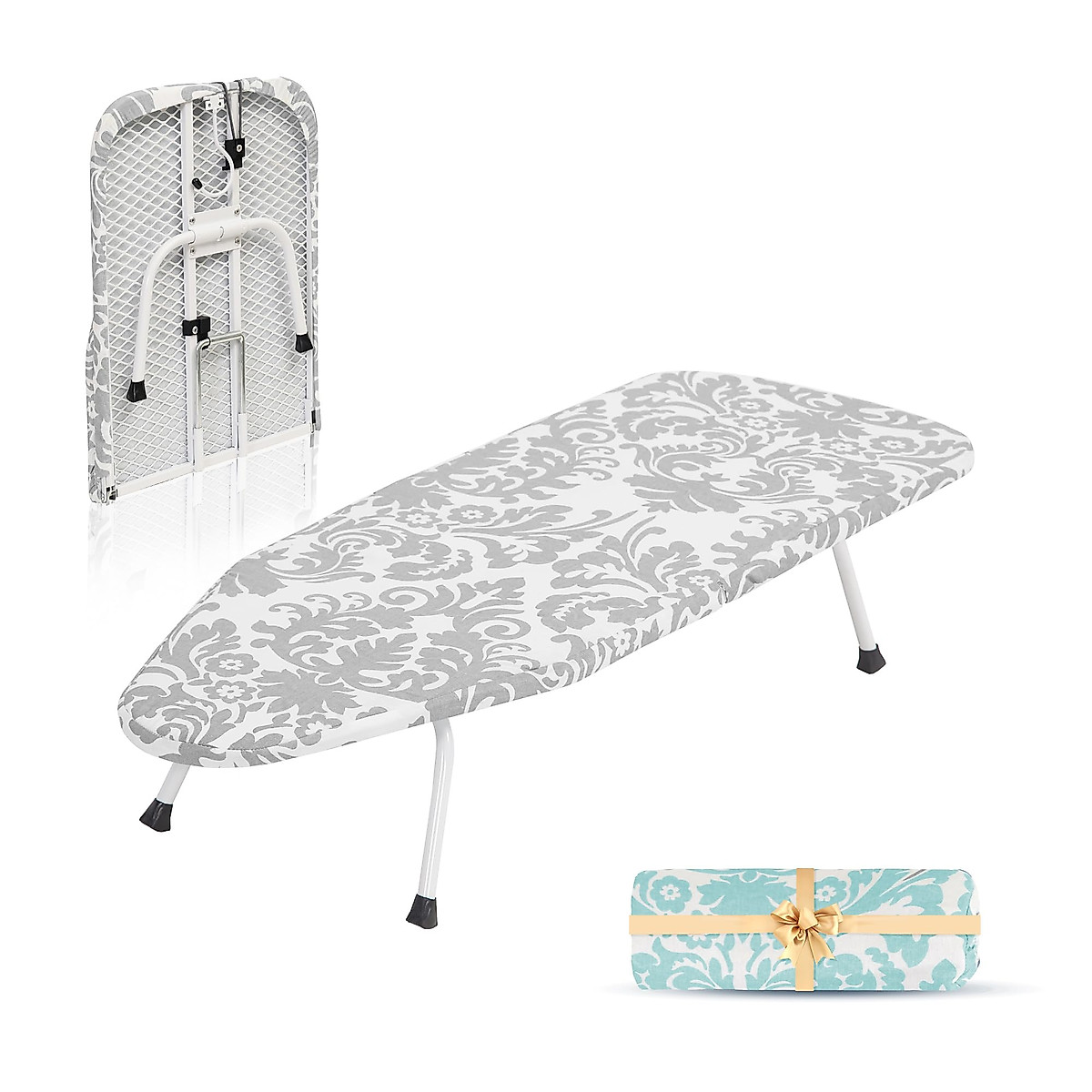 STORAGE MANIAC Tabletop Ironing Broad, All Iron Frame Mini Folding Ironing Broad with 2 Removable Cover, Portable Small Ironing Broad with 7 mm Thick Pad for Laundry Room, Dorms - Silver & Blue Flower