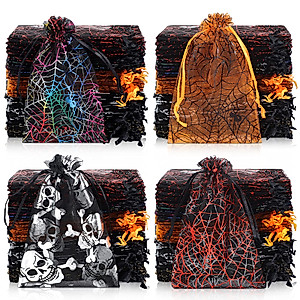 Shappy 200 Pcs Halloween Organza Bags Bulk 4 x 6" Spider Web Treat Bags Black Rattan Halloween Drawstring Candy Gift Bag for Tick or Treat Party