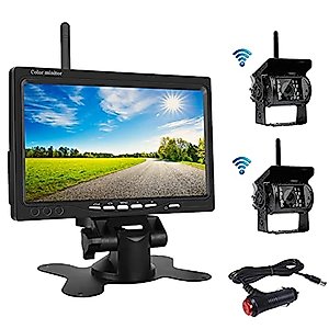 OiLiehu Wireless Backup Camera and Monitor Kit, 7 inch HD LCD Monitor with Antenna, 2 x Wireless Rear View Camera, IP67, Night Version, 12-24 V, Suitable for Buses, SUVs, Trucks, Trailers