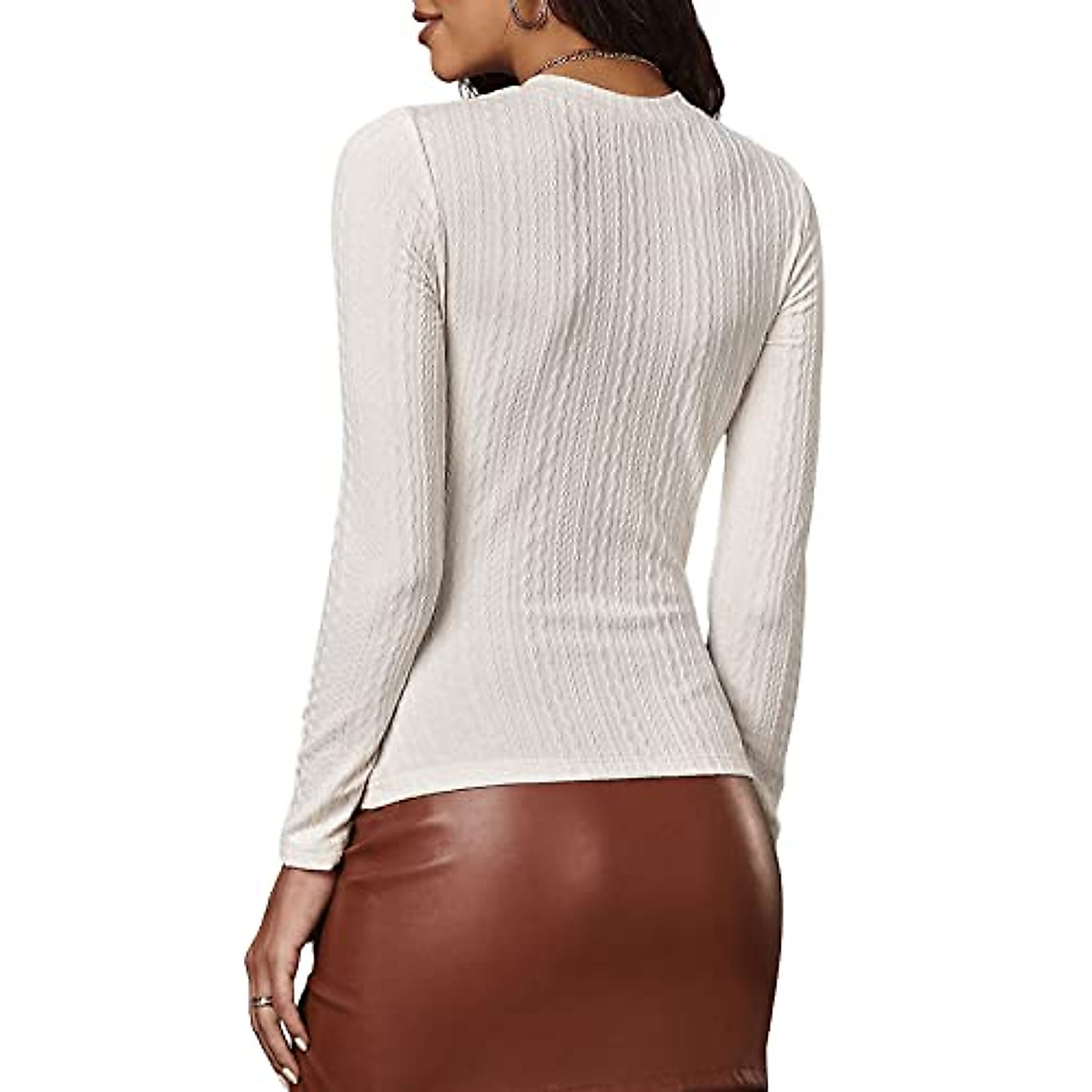 Verdusa Women's Basic Mock Neck Slim Fitted Pullovers Long Sleeve Tee Tops Cream White Textured S