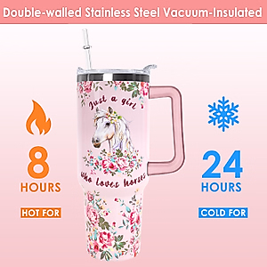 Omezin 40 Oz Horse Tumbler With Handle - 40oz Double Insulated Travel Coffee Mug With Lid and Straw - Horse Lover Gifts for Women