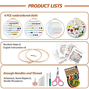 FOXTSPORT 4 Set Embroidery Starter Kit for Beginners,Stamped Embroidery Kits with Pattern and Instructions,Hand Embroidery Starter Kit Embroidery Hoops and Color Threads (Underwater World)