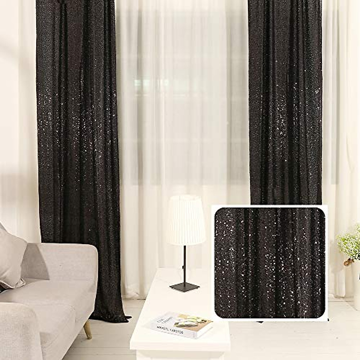 TRLYC Black Sequin Backdrop Curtain - 2 Panels 2.3x8FT Photography Backdrop Seamless Sequin Curtains