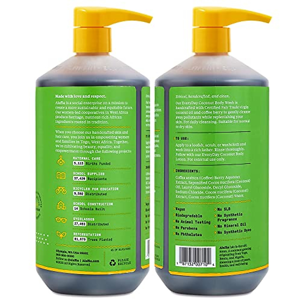 Alaffia Sensitive Skin Body Wash Pack, Everyday Coconut Body Wash for Men & Women, Natural Body Wash with Plant Based Ingredients, Coconut Oil, Coffee, Vitamin E, Purely Coconut (2 Pack-32 Fl Oz Ea)