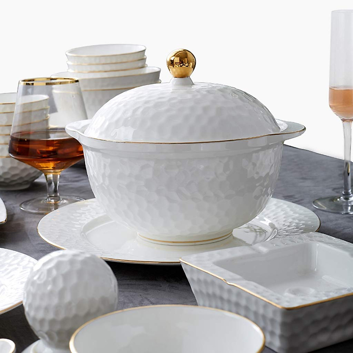 Plate and Bowl SetKitchen Tableware Set,Ceramics Dinner Sets, 60 Pieces Handmade Gold Bone China Dinnerware Set | Cereals Bowl & Dish & Soup Pot for Family Gathering - Porcelain Combination Set