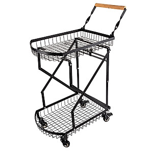 Folding Collapsible Cart, 2-Tier Mobile Folding Utility Trolley with Handle and Wheels,Heavy Duty Foldable Shopping Carts with Storage Basket for Groceries,Black Grocery Cart on Wheels,Load 88lbs