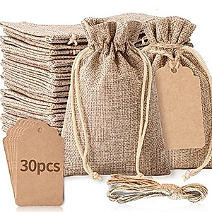 30Pcs Burlap Gift Bags and 30Pcs Gift Tags, 3"x 4" Burlap Bags with Drawstring, Wedding Hessian Linen Sacks Bag, Jewelry Pouches Burlap Bags, Gift Bags for Birthday, Party, Present, Wedding Favors, Art and DIY Craft