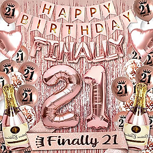21st Birthday Party Decorations for Her Rose Gold Supplies Big Set with Birthday Banner and 21 BDay Digit Balloons for Women Including Latex and Confetti Balloons