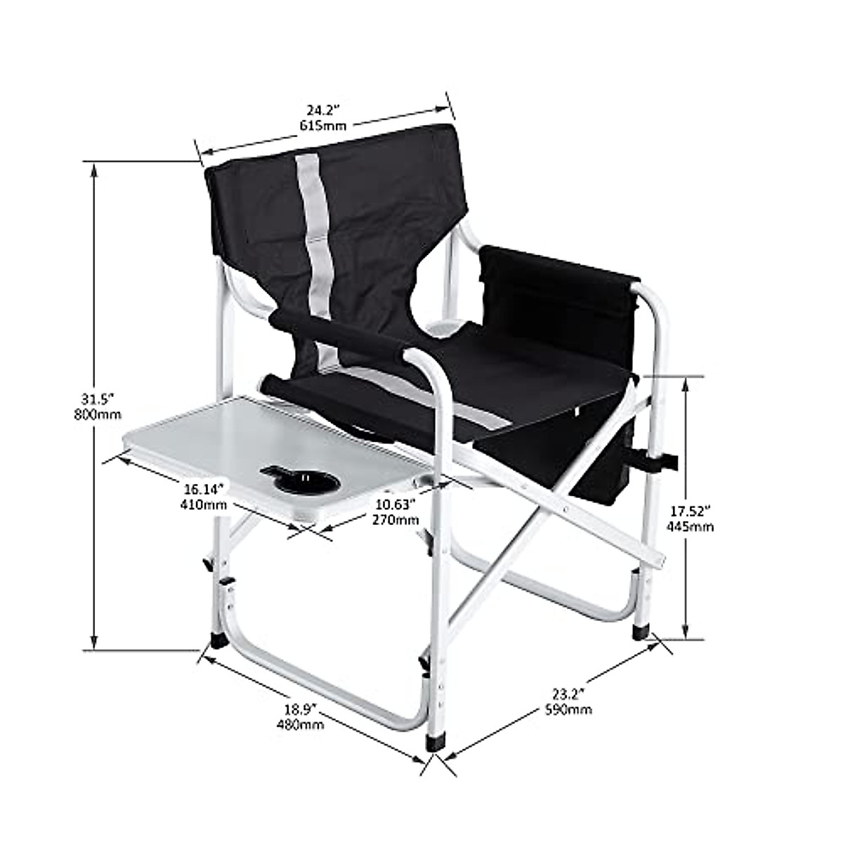 GSSDEE Oversized Camping Directors Chair, Portable Aluminum Camping Chairs, Padded Folding Directors Chair with Side Table Storage Pockets, Outdoor Camping, Picnics and Fishing (Black 2 Pack)