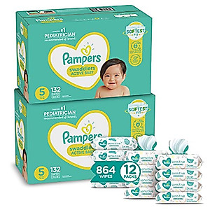 Pampers Swaddlers Disposable Baby Diapers Size 5, 2 Month Supply (2 x 132 Count) with Sensitive Water Based Baby Wipes, 12X Pop-Top Packs (864 Count)