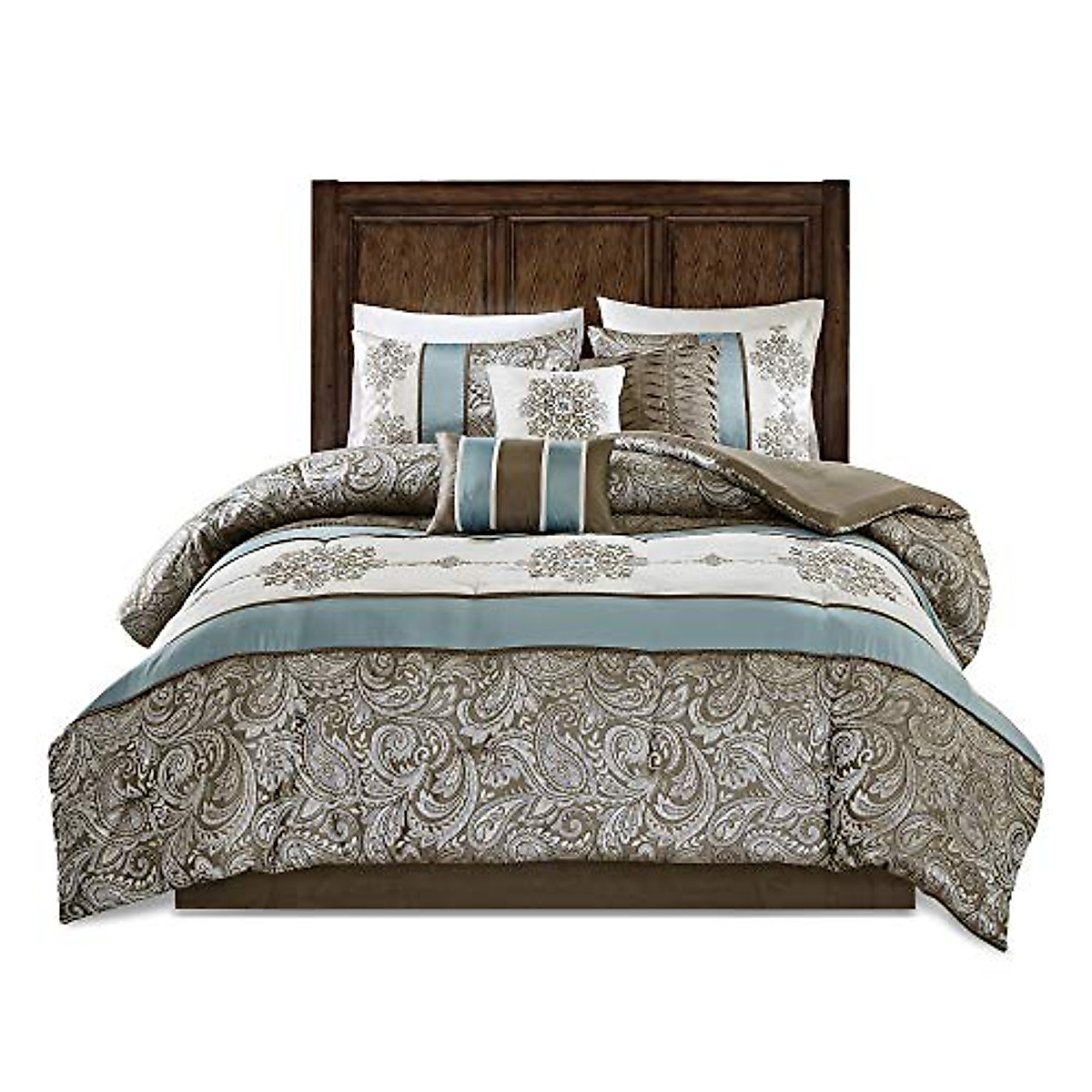 Madison Park Comforter Faux Silk-Traditional Luxurious Jacquard Design All Season Set, Matching Bed Skirt, Decorative Pillows, King(104"x92"), Blue 7 Piece