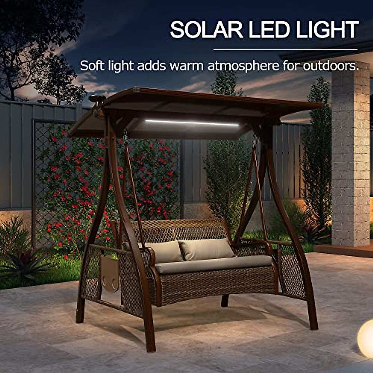 PURPLE LEAF Patio Porch Swing Chair with Canopy 2 Person Hand-Woven Wicker Outside Glider w/Solar LED Light and Cushions for Backyard Loveseat Bench Outdoor Hamock Swinging Chairs