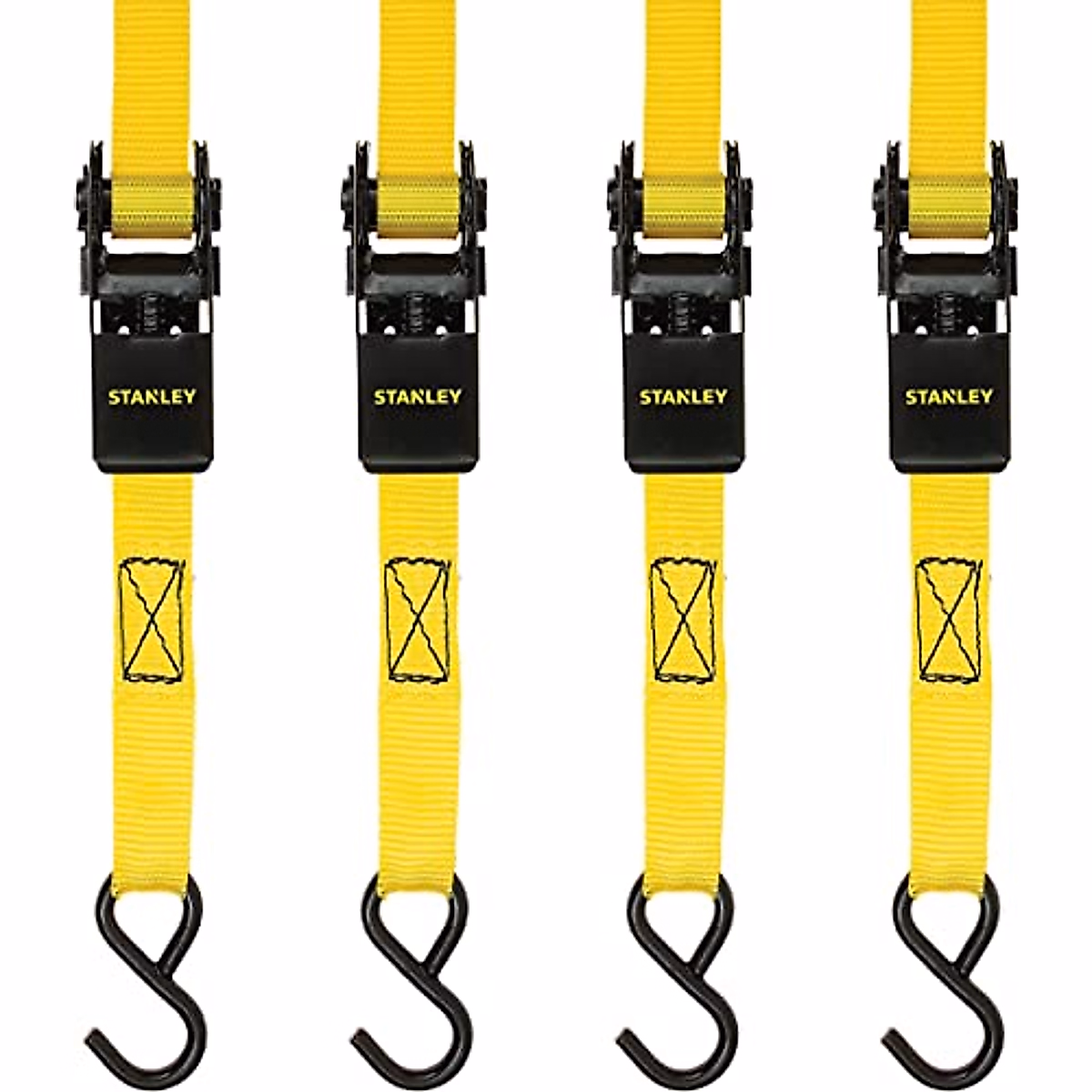 STANLEY S9500 Black/Yellow 1" x 10' Ratchet Straps - Light Cargo Hauling (900 lb Break Strength), 4 Pack