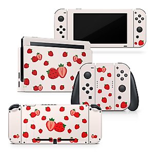 Tacky Design Cute Strawberry Skin Compatible with Nintendo Switch Skin - Premium Vinyl 3M Cream Color Stickers Set - Switch Skin Compatible with Joy Con, Console, Dock - Decal Full Wrap