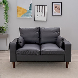 Panana Small Modern Loveseat Couch Sofa Upholstered Faux Leather 2-Seat Sofa Couch Love Seats Furniture for Small Space,Living Room,Studio,Apartment with 2 Pillows,Black