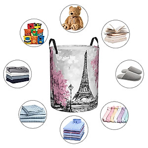 Gbuzozie 38l Round Laundry Hamper Retro Paris Eiffel Tower Storage Basket Waterproof Coating Organizer Bin For Nursery Clothes Toys