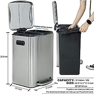 Stainless Steel 10 Gallon 40L Trash Can with Lid for Office Kitchen Metal Trash Can, Step Trash Can Wastebasket, Room Large Recycling Trash Can, Garbage Container Bin, 2 Removable Liner Bucket Area