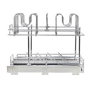 Household Essentials C42617-1 Glidez 2-Tier Pot and Lid Kitchen Cabinet Organizer | 21 in D x 14.1 in W x 16.2 in H | Chrome Wire, Silver