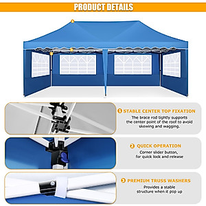 HOTEEL 10x20 Canopy Pop up Canopy with 6 Sidewalls, Easy Setup Canopy Tent Waterproof Tents for Parties with Wheeled Bag, 4 Weight Bag, UV50+ Outdoor Event Tent Vendor Tent, High Roof, Metal Leg, Blue
