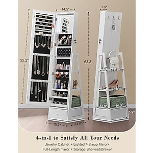 Nicetree 360° Swivel Jewelry Cabinet with Lights, Touch Screen Vanity Mirror, Rotatable Full Length Mirror with Jewelry Storage, Standing Jewelry Armoire Organizer, Foldable Makeup Shelf, White