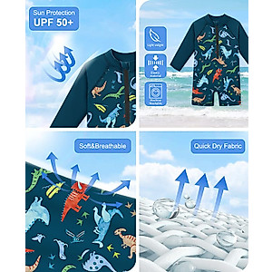 BesserBay Long Sleeve One Piece Rashguard UPF 50+ Dinosaur Navy Zip Up Swimwear for Baby Boy 18-24 Months