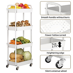 JIUYOTREE 4-Tier Rolling Storage Cart Utility Cart with Lockable Wheels for Living Room Bathroom Kitchen Office White