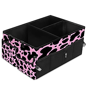 Car Trunk Organizer Pink And Black Cow Print Spot Car Back Seat Large Storage Organizer with 3 Divider Compartments Collapsible Trunk Cargo Organizer Groceries Tote for SUV Truck Camping Picnic