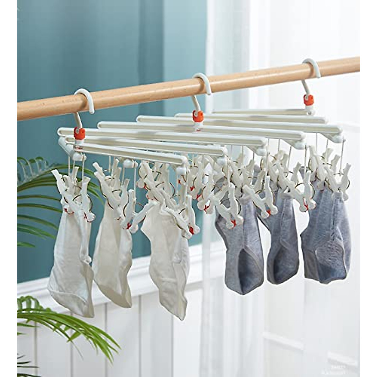 SHZMJL Foldable Clothes Drying Hanger with 29 Clips-Drip Hanger-Sock，Laundry Drying Rack Hanger for Socks Bras，The Clips Release Quickly,Large Clamp of Imitation Turbine (White)