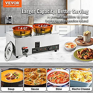 VEVOR Electric Soup Warmer, Dual 7.4QT Stainless Steel Round Pot 86~185°F Adjustable Temp, 1200W Commercial Bain Marie with Anti-Dry Burn and Reset Button, Soup Station for Restaurant, Buffet, Silver