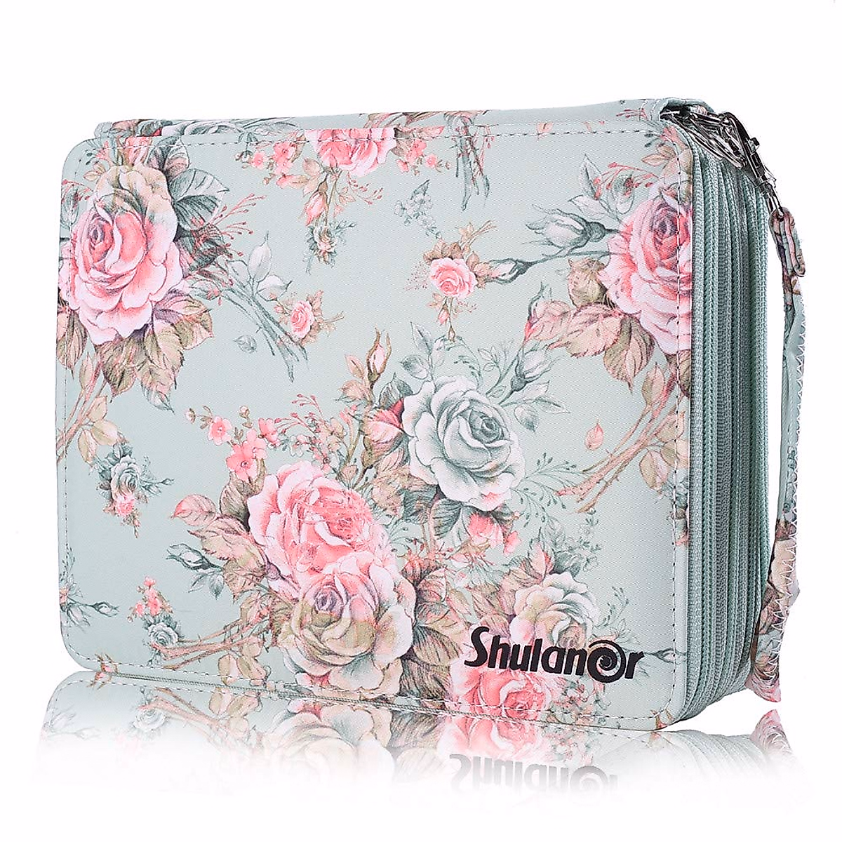 Shulaner 168 Slots Colored Pencil Case with Zipper Closure Large Capacity Oxford Pen Organizer Green Rose Pencil Holder for Artist