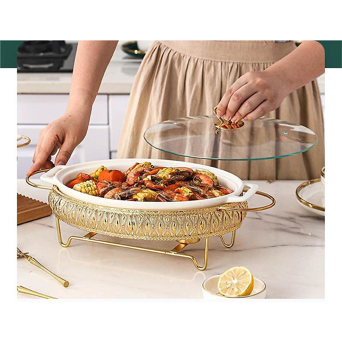 HONHPD 3 Piece Set Stainless Steel Oval Chafing Dish Buffet Set, Ceramic Marble Finish Chafer with Glass Lid, Chafer and Buffet Warmer Set for Buffet Weddings Parties Banquets, Golden
