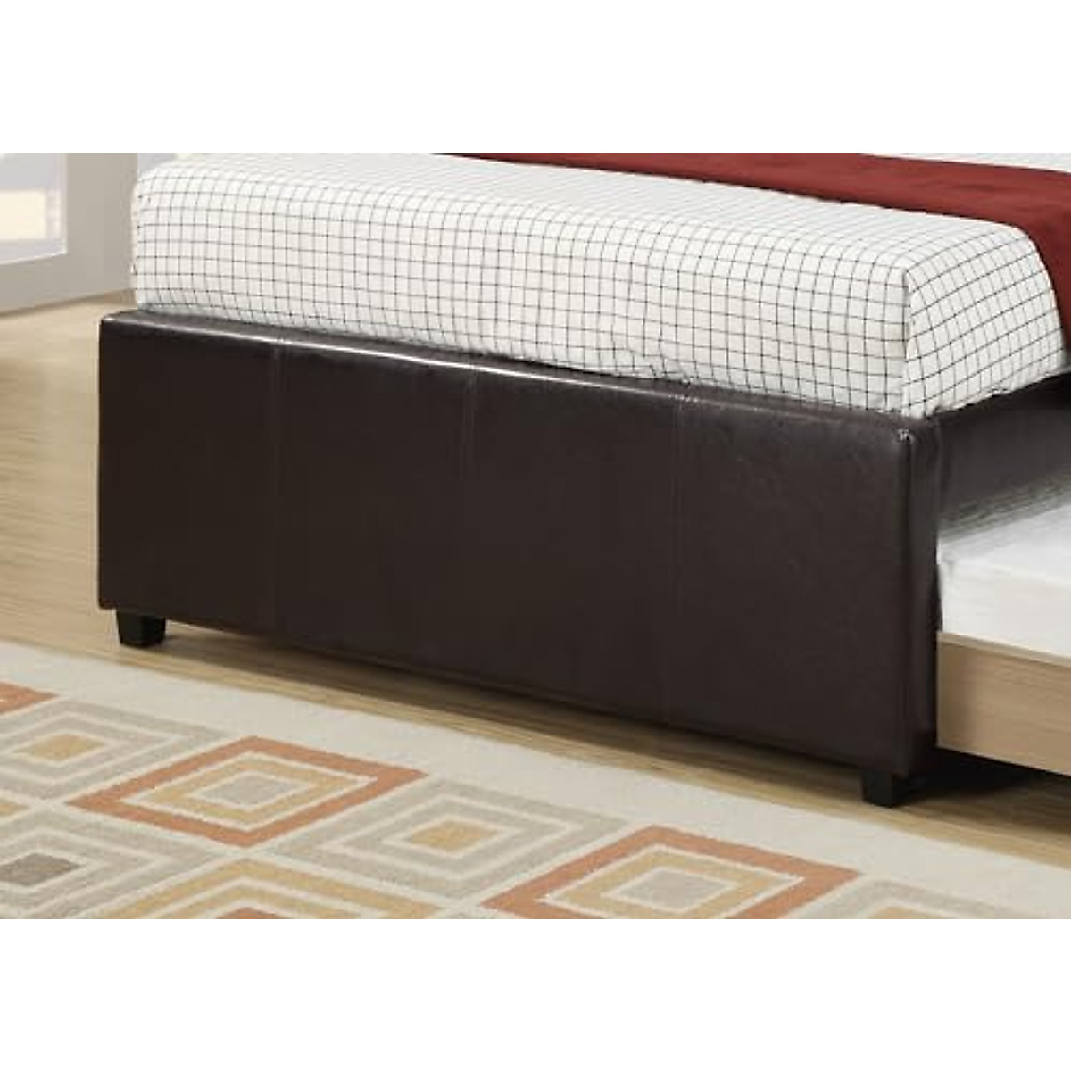 GOWE Full Size Bed w/Trundle Slats Espresso Faux Leather Plywood Kids Youth Bedroom Furniture Wooden Slats Square Box Upholstered Headboard 1pc Bed