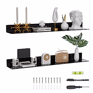 Sezanrpt 36 Inches Acrylic Long Wall Shelf Set of 2, Black Wall Mounted Acrylic Bathroom Storage Shelves Display Organizer for Bottle Oragnizer, Spice, Wine, Toys, Controller, Cup (Black, 36 Inch)