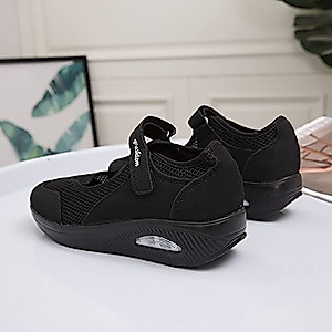 YSMIIH Womens Walking Mary Jane Wedges Sneaker Hook and Loop Comfort Nurse Shoes Casual Rockers(Black,8