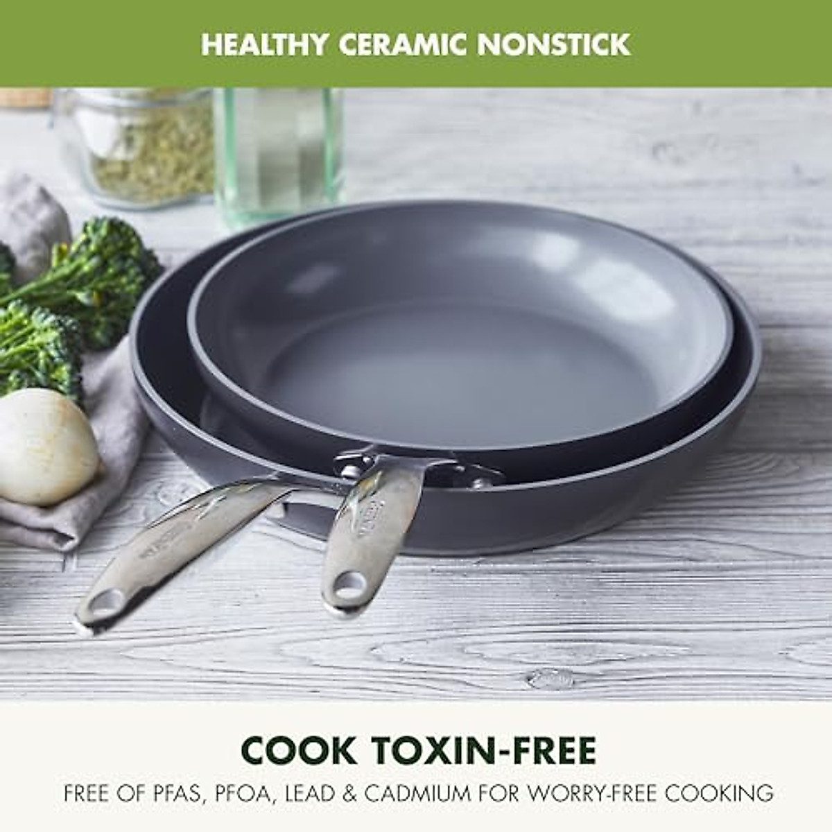 GreenPan Valencia Pro Hard Anodized Healthy Ceramic Nonstick 10" and 12" Frying Pan Skillet Set, PFAS-Free, Induction, Dishwasher Safe, Oven Safe, Gray