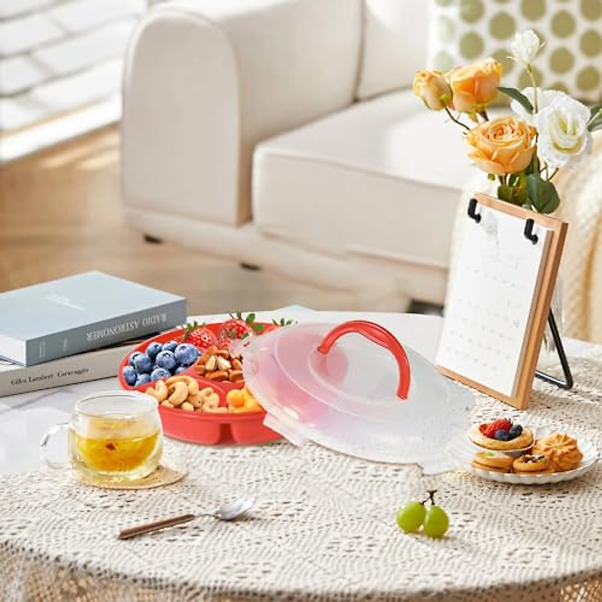 FEOOWV 78oz Food Storage Container With Dividers-Halloween Candy Tray with Lid and Handle 6 Compartments for Party Platter,Vegetable Relish Fruit Tray,Snackle box (Red)