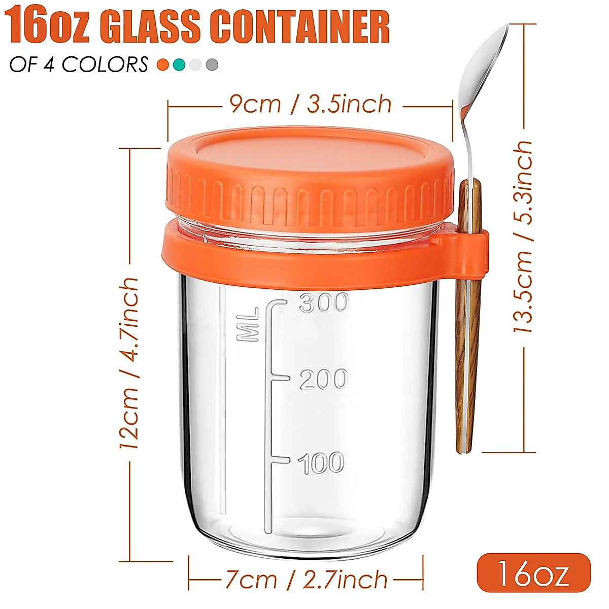 JIIKOOAI 4 Pack Overnight Oats Containers with Lid and Spoon, 16 oz Glass Overnight Oats Jars, Fruit Container, Salad Cup, Yogurt Cup for Milk Cereals Fruit Cereals